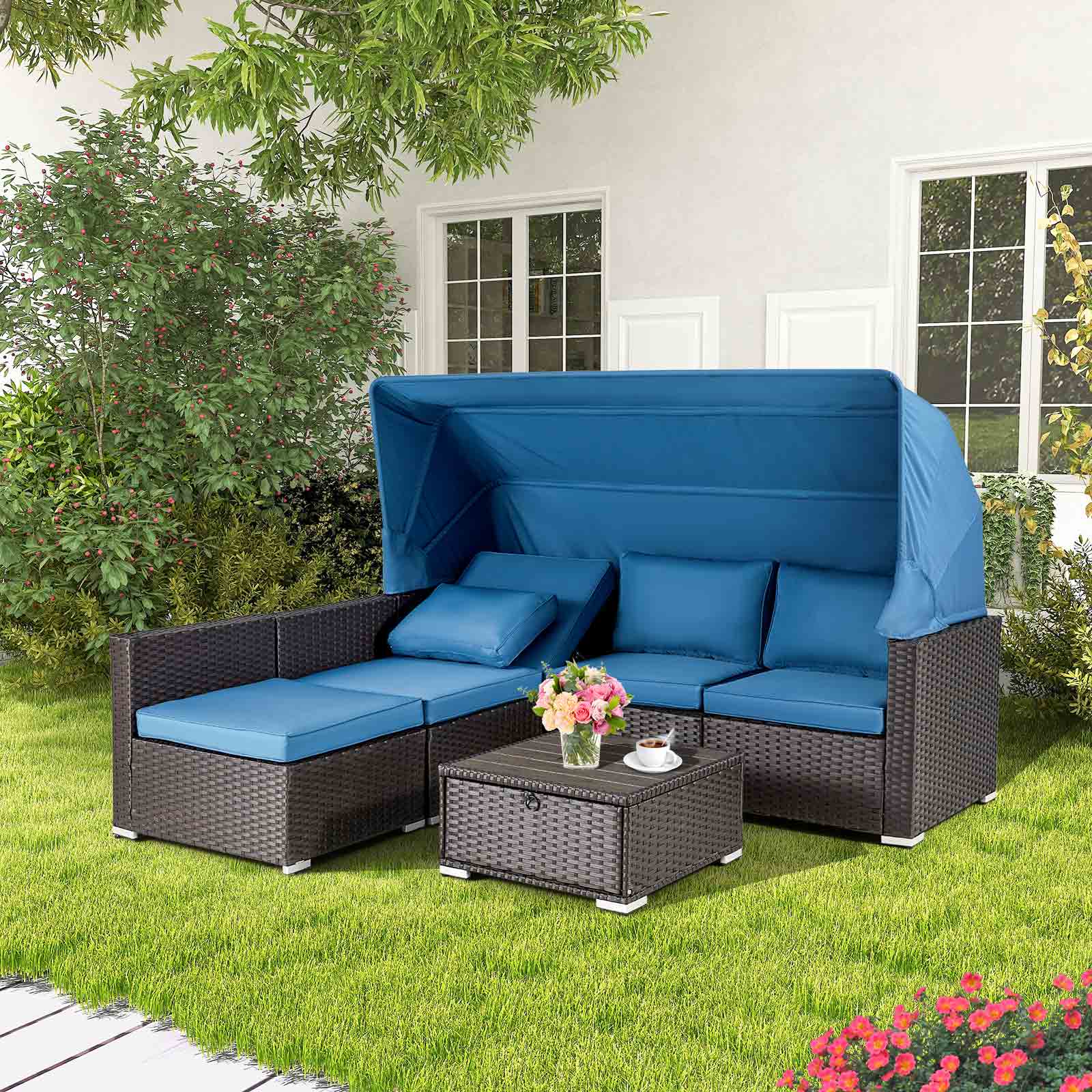 HOMREST 6 Pcs Outdoor Sectional Sofa Daybed w/ Canopy