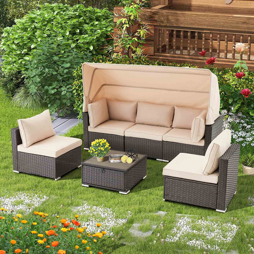 Homrest 6 Pcs Outdoor Sectional Sofa Daybed w/ Canopy