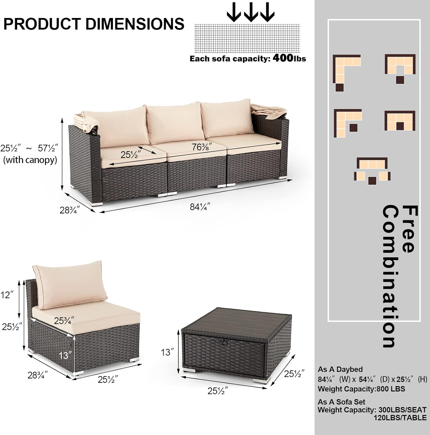 Homrest 6 Pcs Outdoor Sectional Sofa Daybed w/ Canopy