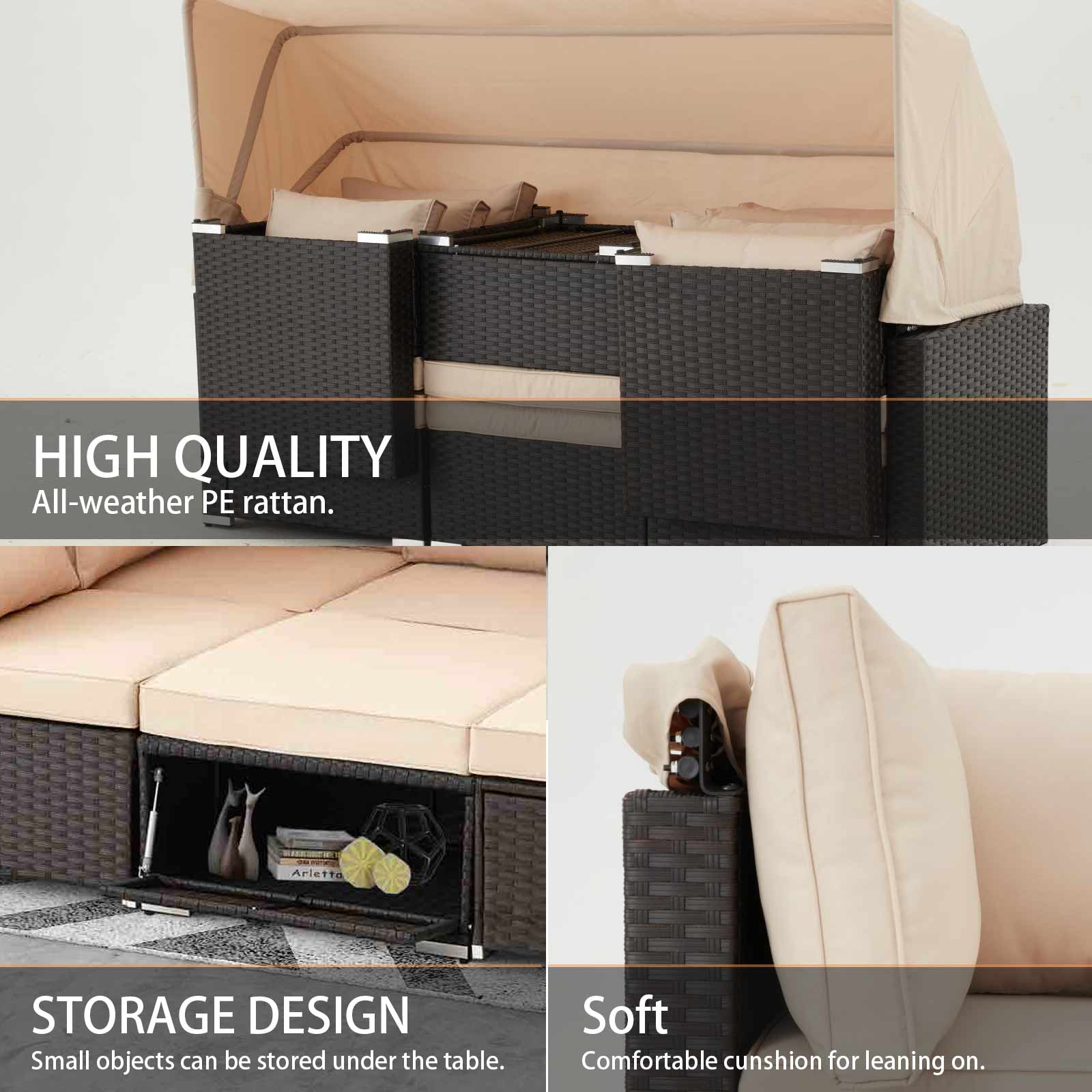 Homrest 6 Pcs Outdoor Sectional Sofa Daybed w/ Canopy
