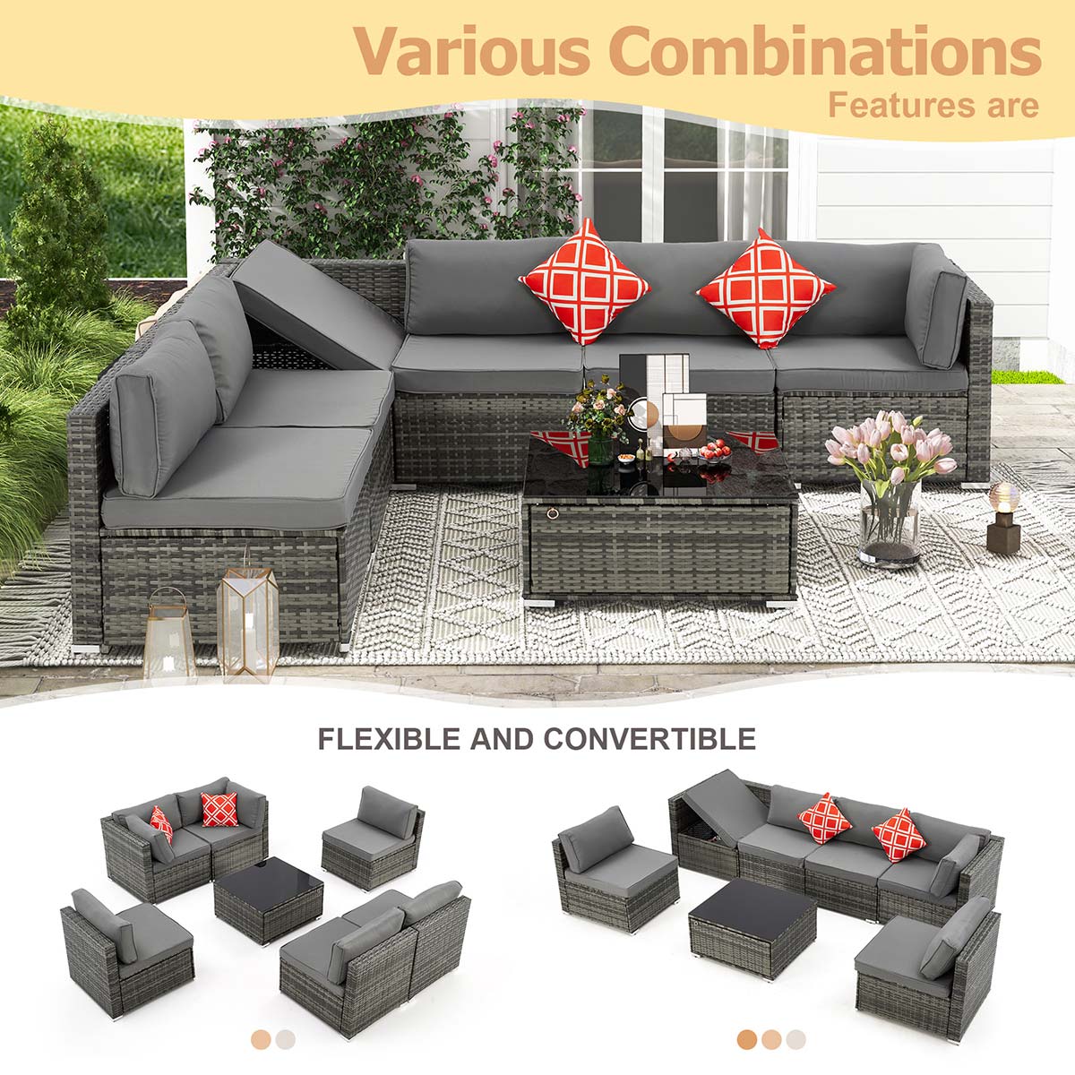 Homrest 7 Piece Outdoor Patio Furniture with Storage Table, Cushions a