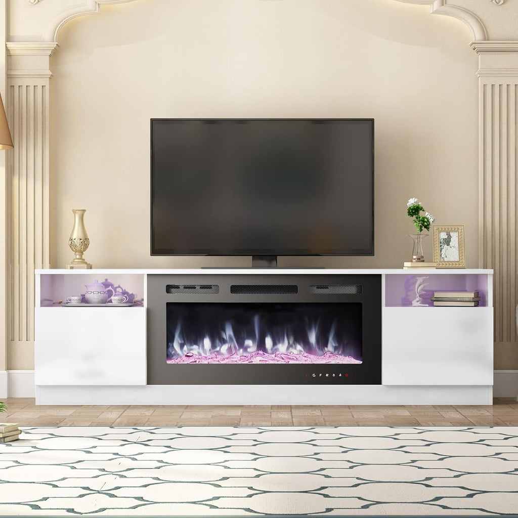 Modern TV Stand with Fireplace | 70 Inch Stylish White Finish - homrest