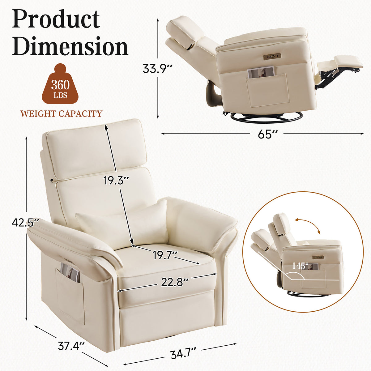 HOMREST Power Swivel Rocking Recliner Chair with Adjustable Headrest a