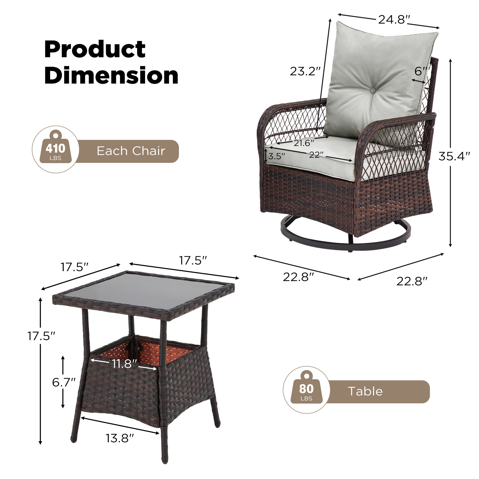 HOMREST 3-Piece Patio Swivel Rocker Set with Rattan Coffee Table for L