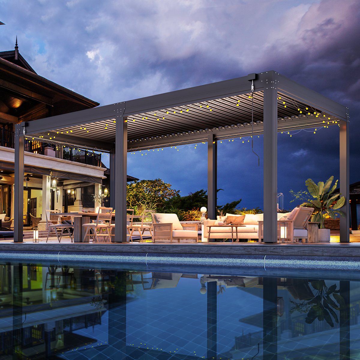 HOMREST 10x20FT Louvered Pergola with 6-Panel Pull-Down Screen, Dark G