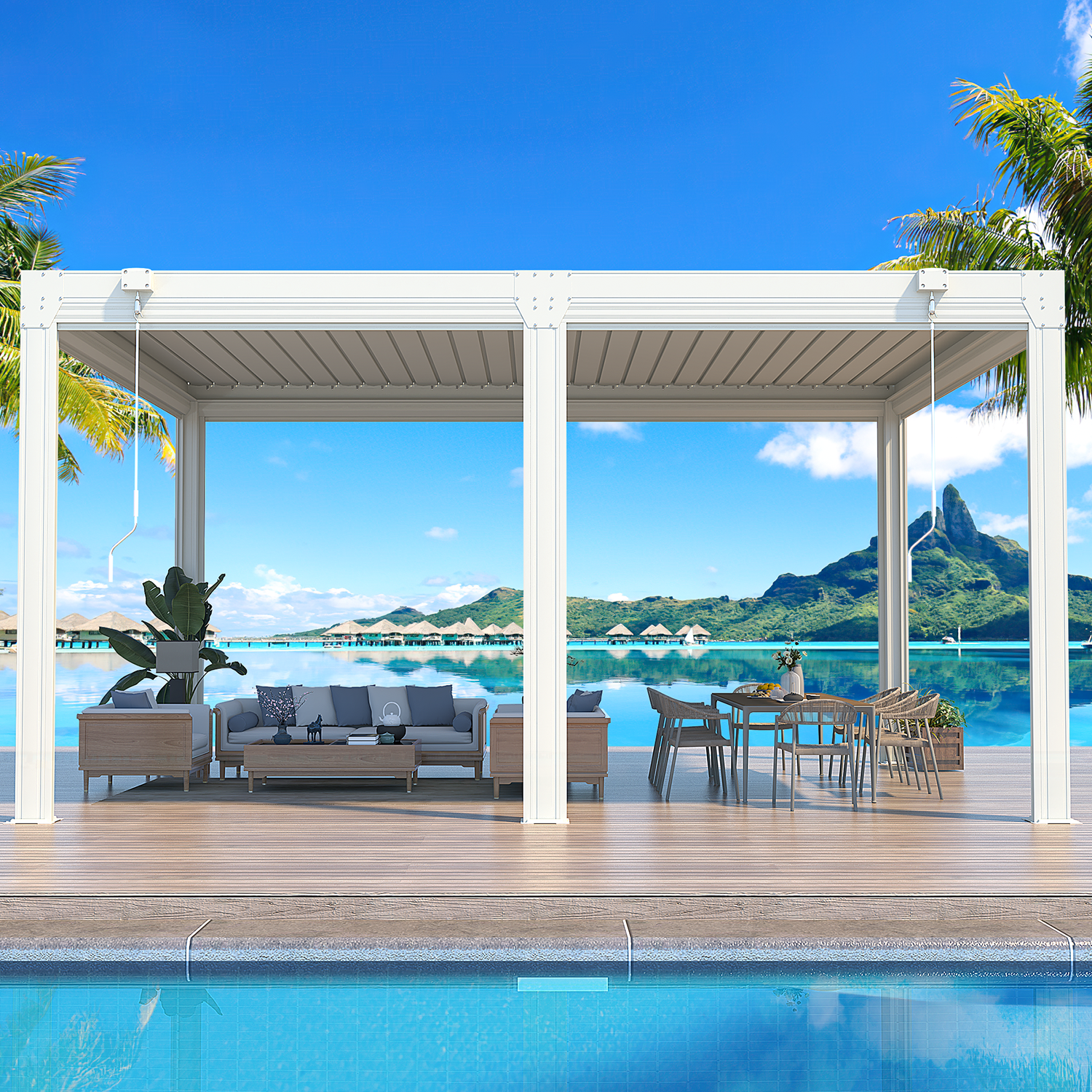 HOMREST 12x16ft Louvered Pergola with 6-Panel Pull-Down Screen, White