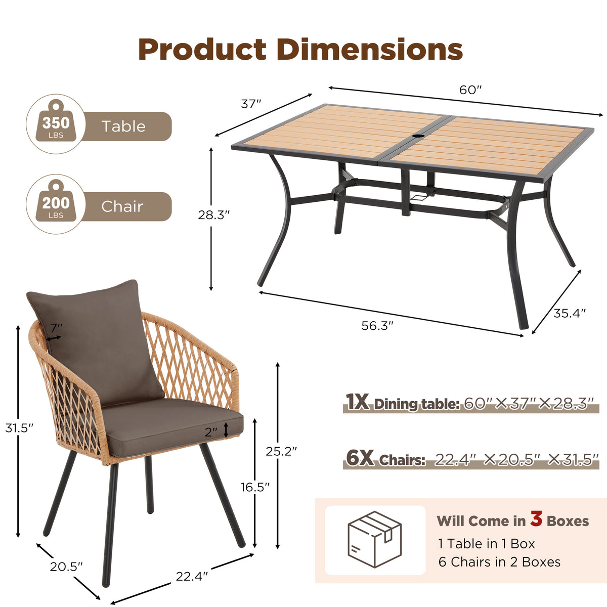 HOMREST 7-Piece Outdoor Dining Set – Rectangular Table with Umbrella H