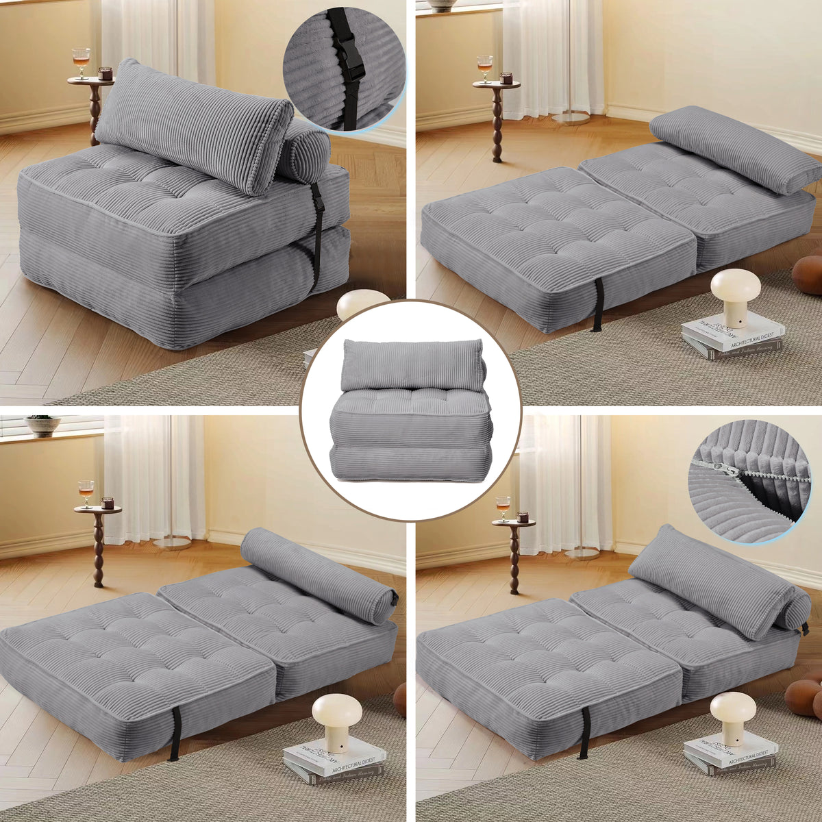 HOMREST Folding Out Chair Bed, Convertible Sofa Bed with 2 Pillows, Gr