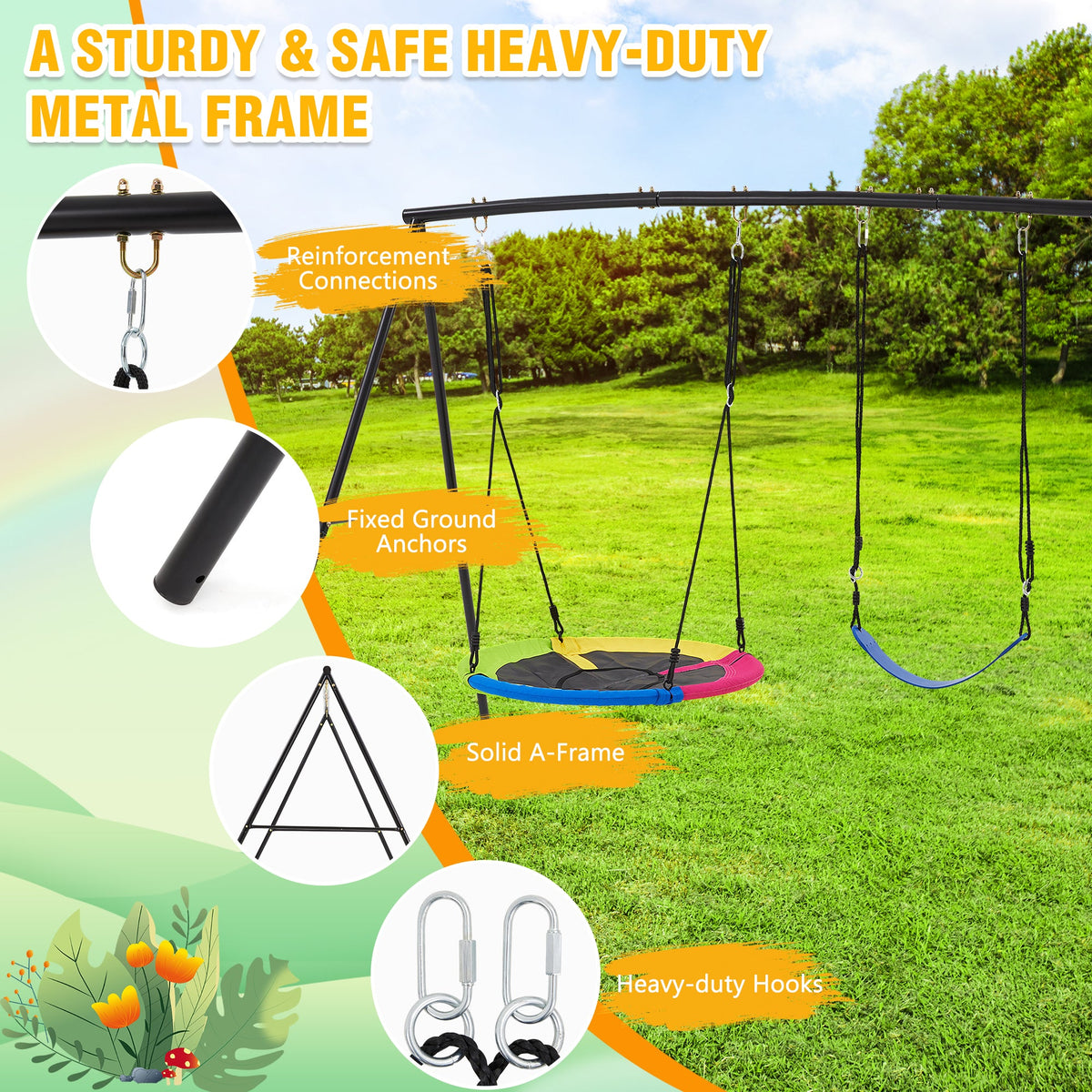 Homrest Heavy-Duty A-Frame Metal Swing Set, 440lbs Capacity, Includes