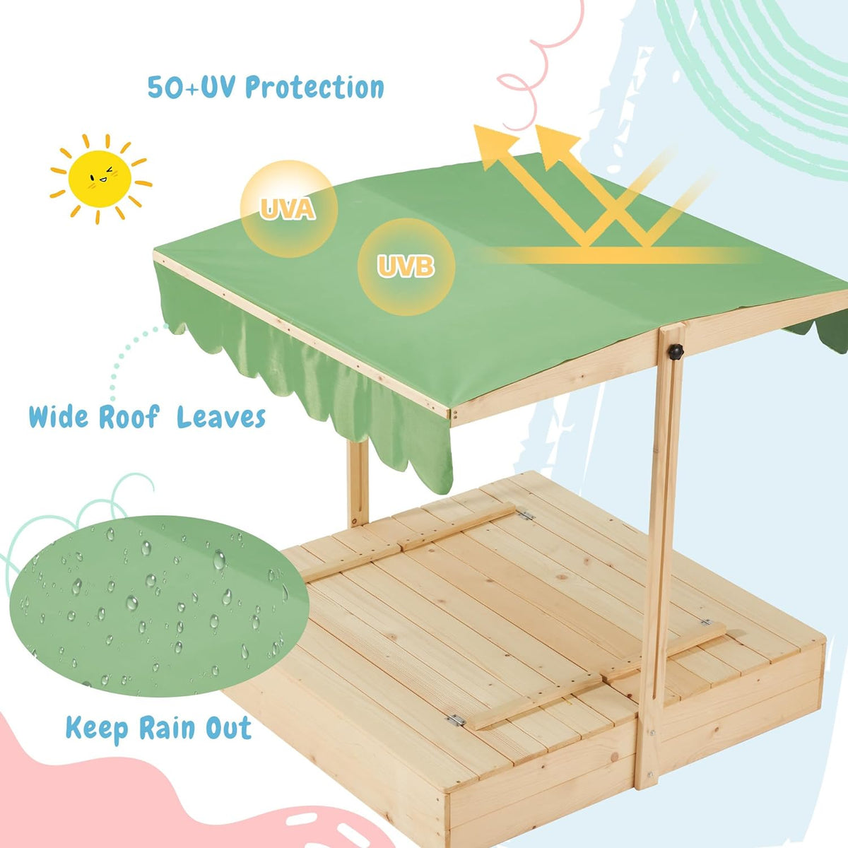 Homrest Kids Sandbox with Cover,Height Adjustable Roof,for Aged 3-8, w