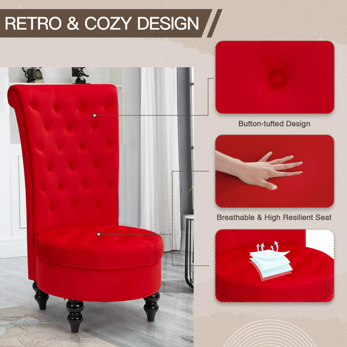 Homrest Throne Button-Tufted High-Back Accent Chair – Red