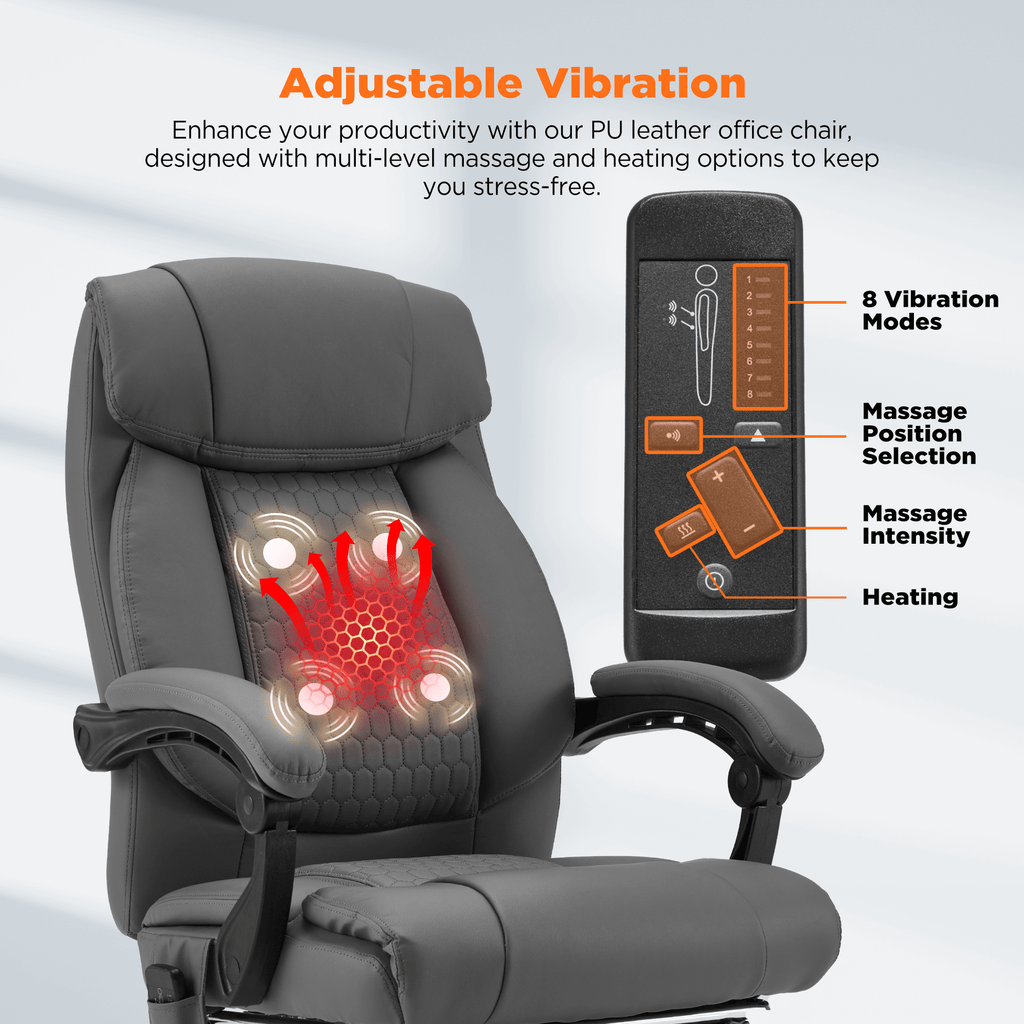 Executive Reclining Heated Massage Office Chair with Footrest Gray