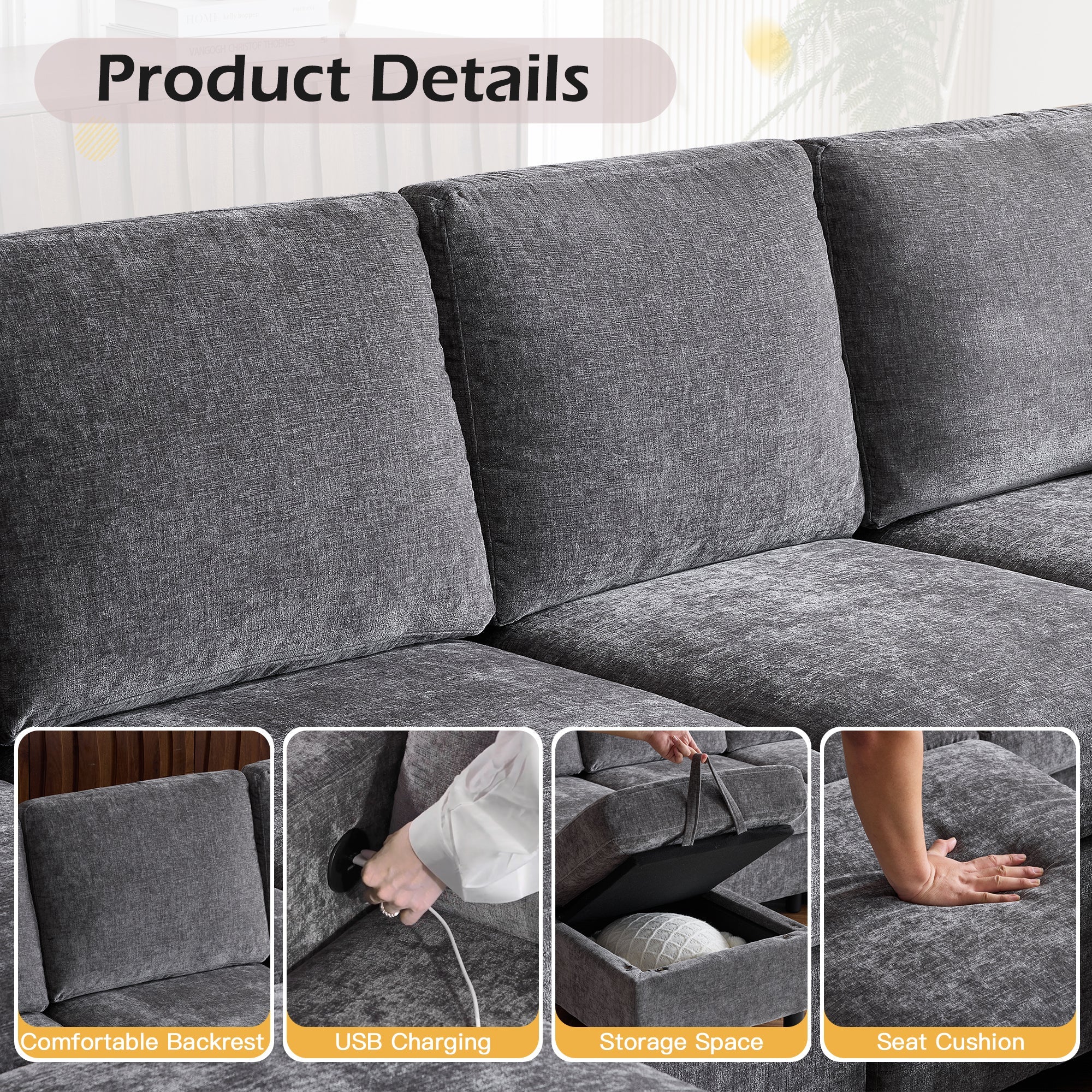 Homrest 6 Piece Modular Sectional Couch with Storage, 4 Single Seats,