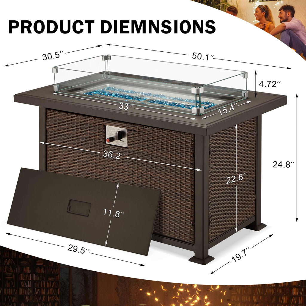 Homrest 50 in Propane Fire Pit Table w/ Glass Wind Guard and Aluminum