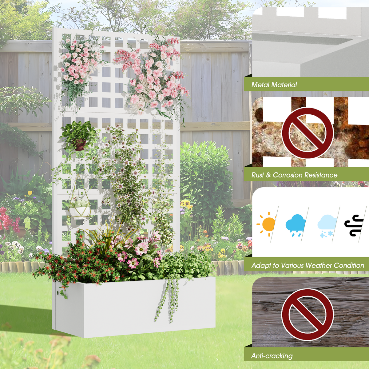 HOMREST Metal Planter Box with Trellis, 71"x 35"x 16" Raised Garden Be
