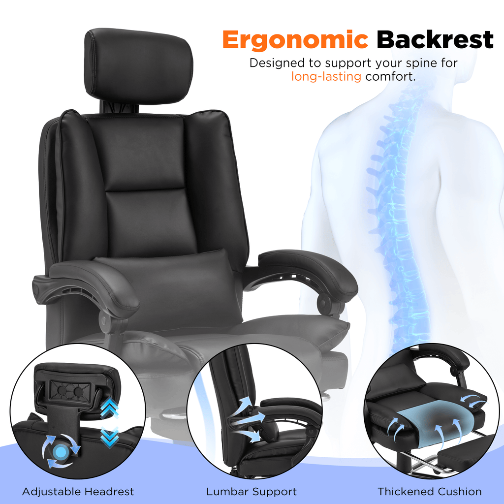 Executive Reclining Adjustable Headrest Office Chair with Footrest Bla