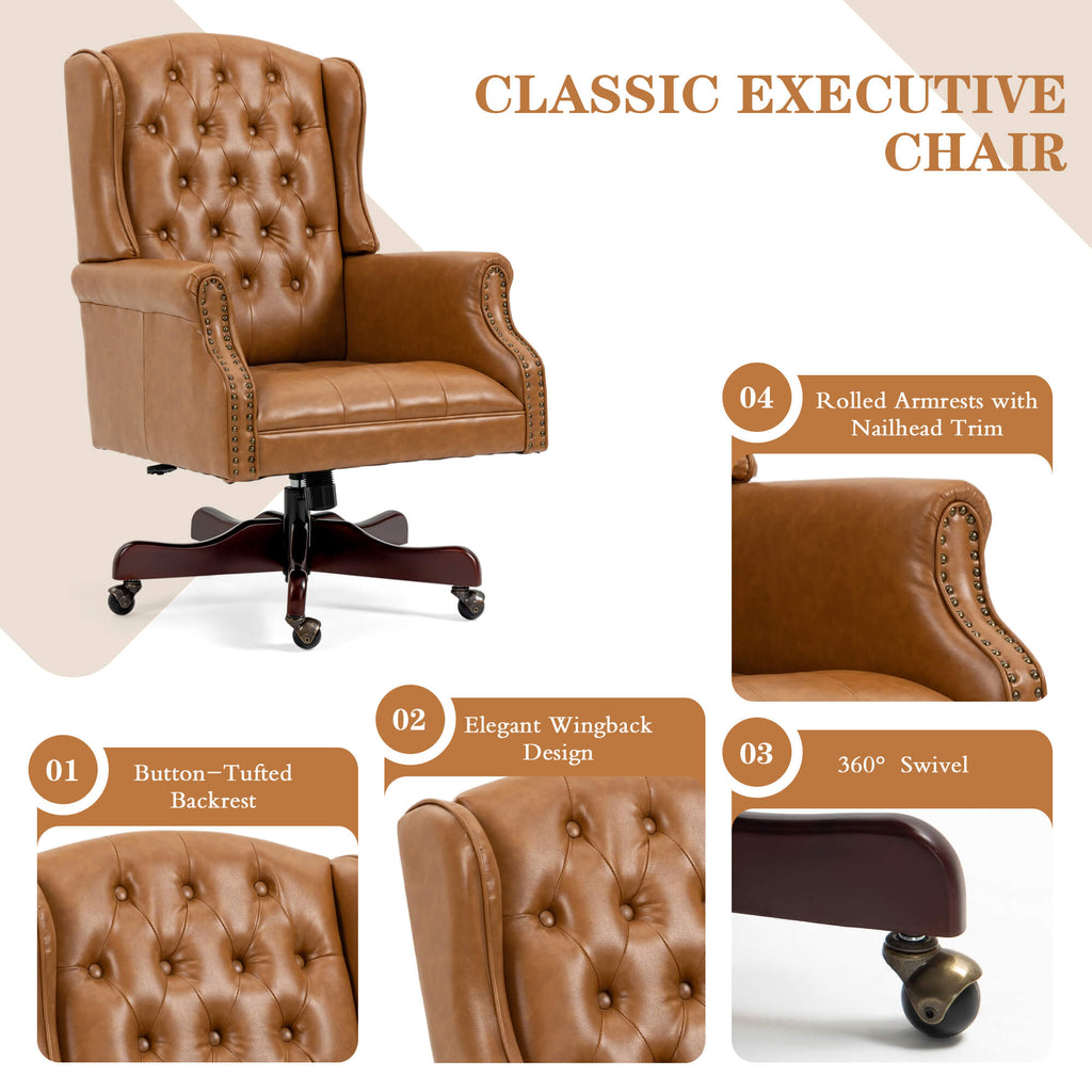Homrest Executive Wingback Office Chair – Brown PU Leather High Back D