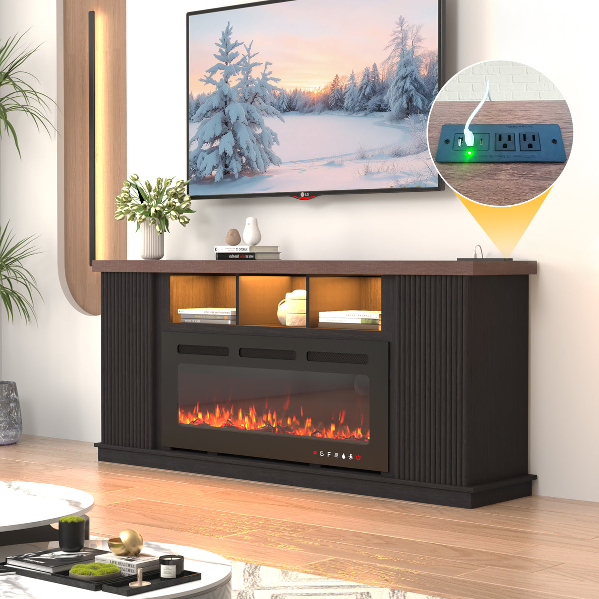 HOMREST 70 Inch TV Cabinet with Electric Fireplace, fire place tv stan