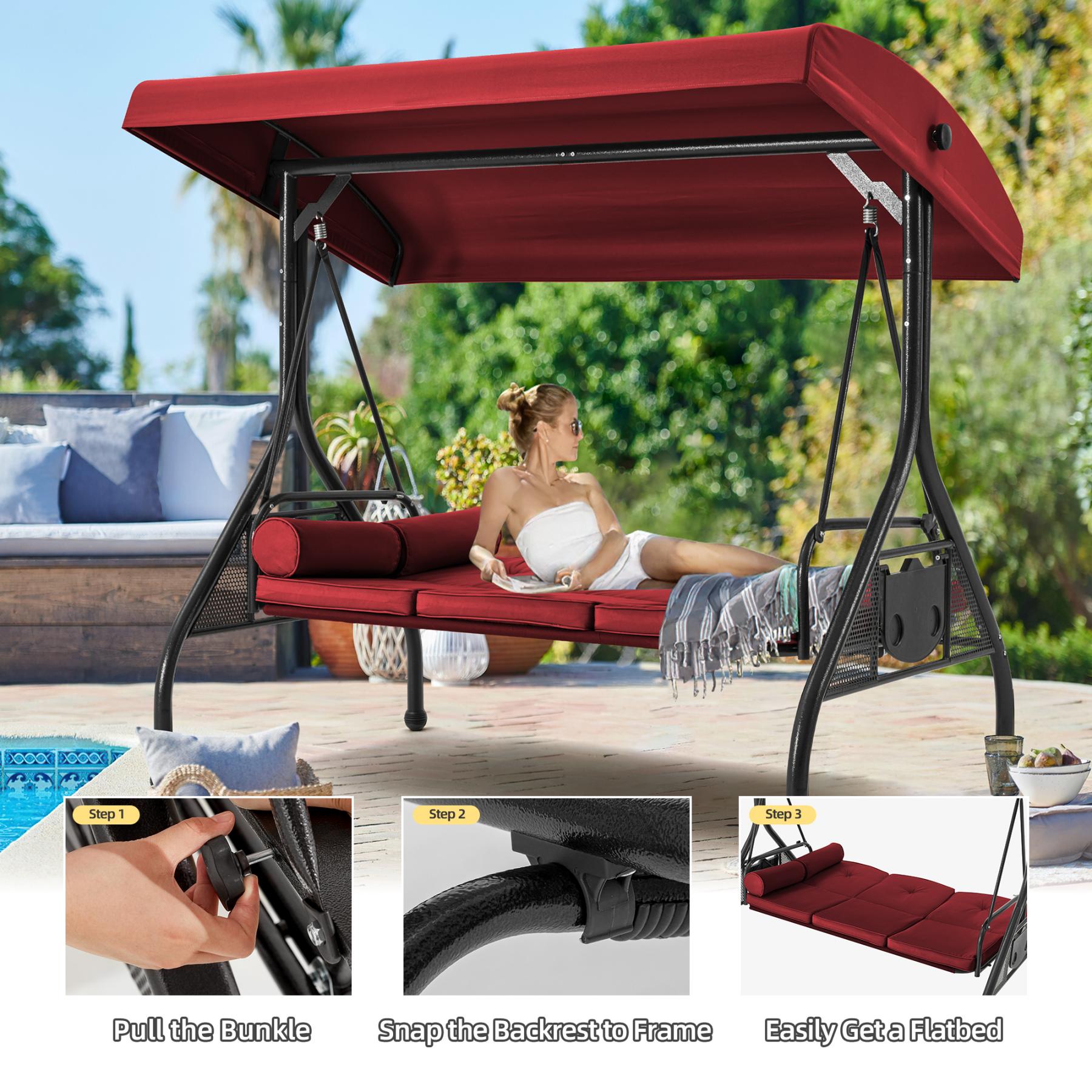3-Seat Outdoor Porch Swing with Canopy and Backrest
