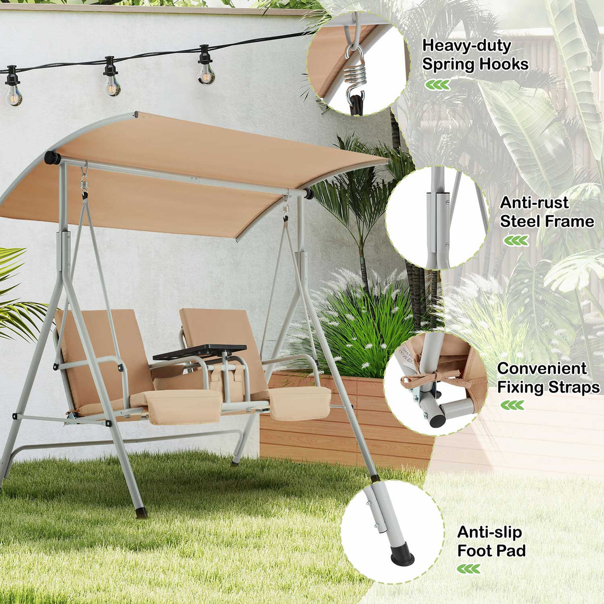 Homrest 2 Seat Outdoor Porch Swing with Adjustable Canopy, Beige