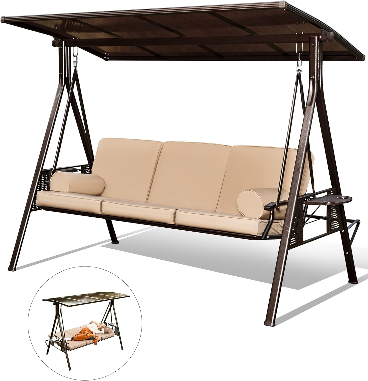 HOMREST Porch Swing with Hardtop Sunshade, 3 Seat with 2 Side Cup Hold