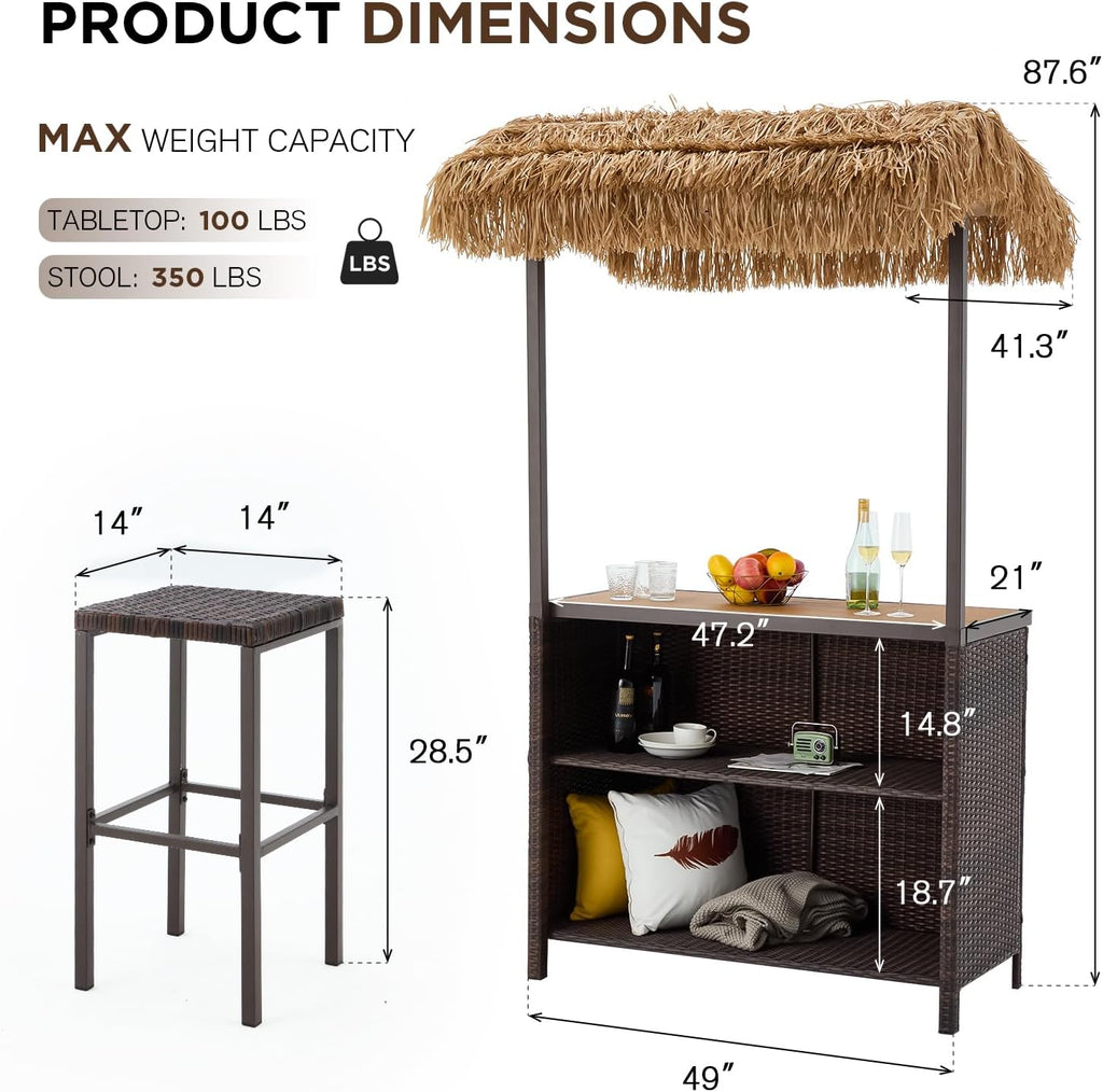 Homrest 3 Pcs Outdoor Tiki Bar Set w/2 Height Stools, Brown