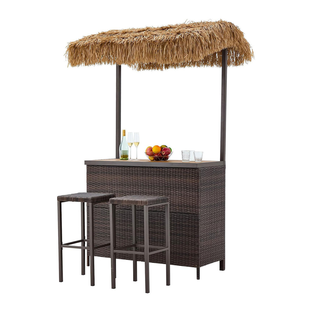 Homrest 3 Pcs Outdoor Tiki Bar Set w/2 Height Stools, Brown