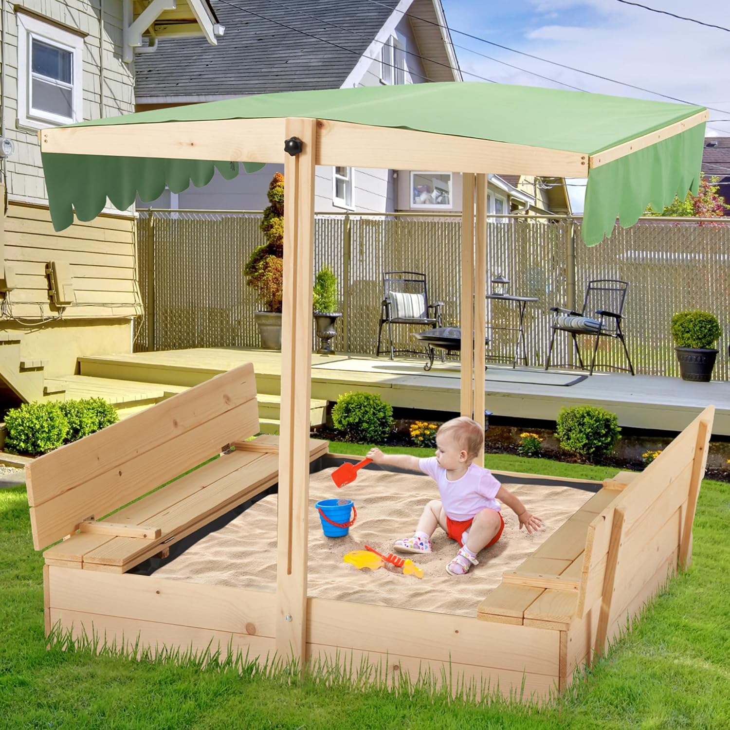 Homrest Kids Sandbox with Cover,Height Adjustable Roof,for Aged 3-8, w