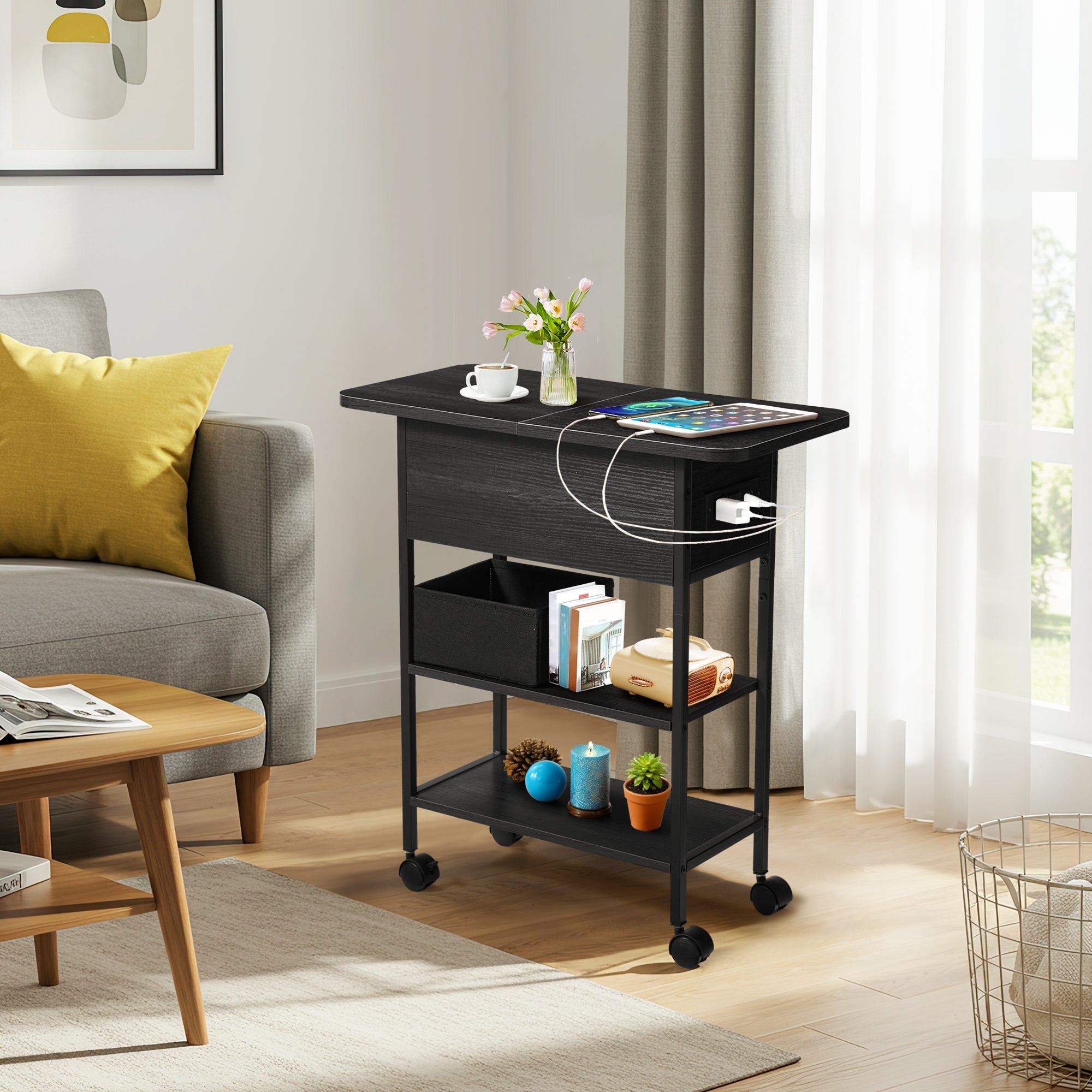 HOMREST Multi-Functional Flip Side Table, 360° Swivel Wheels & Storage