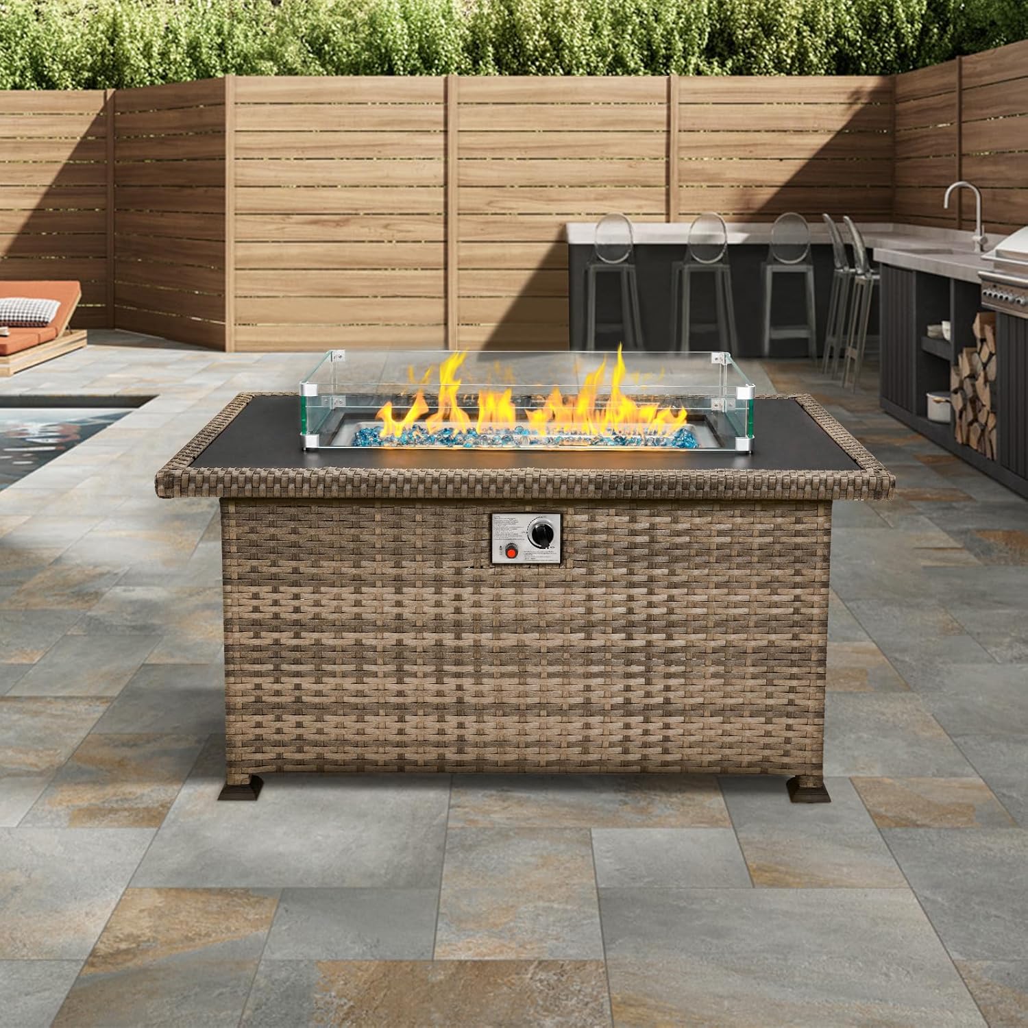 Homrest Propane Fire Pit Table with Glass Wind Guard and Slide Out Tan