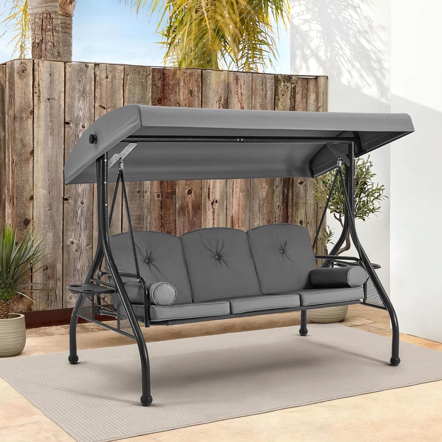 Homrest 3-Seat Outdoor Porch Swing with Adjustable Canopy and Backrest