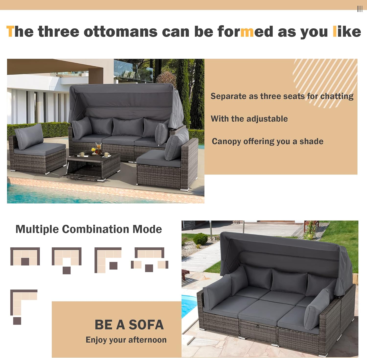 Homrest 6 Pcs Outdoor Sectional Sofa Daybed w/ Canopy