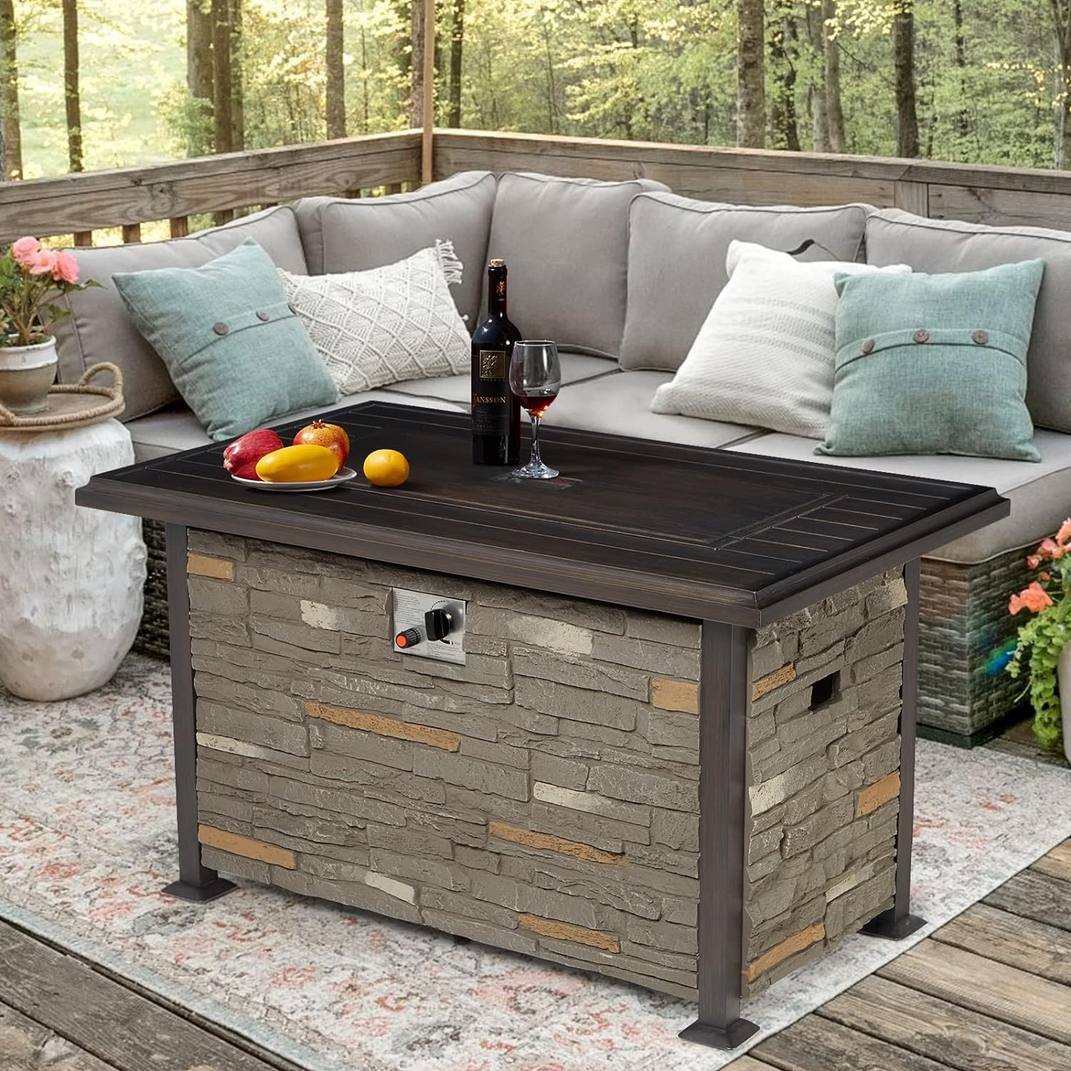 Homrest 44'' Propane Gas Fire Pit Table 50000 BTU w/ Faux Ledgestone,