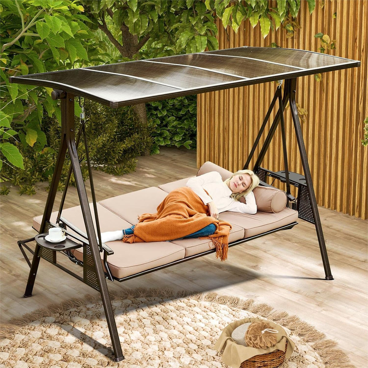 HOMREST Porch Swing with Hardtop Sunshade, 3 Seat with 2 Side Cup Hold