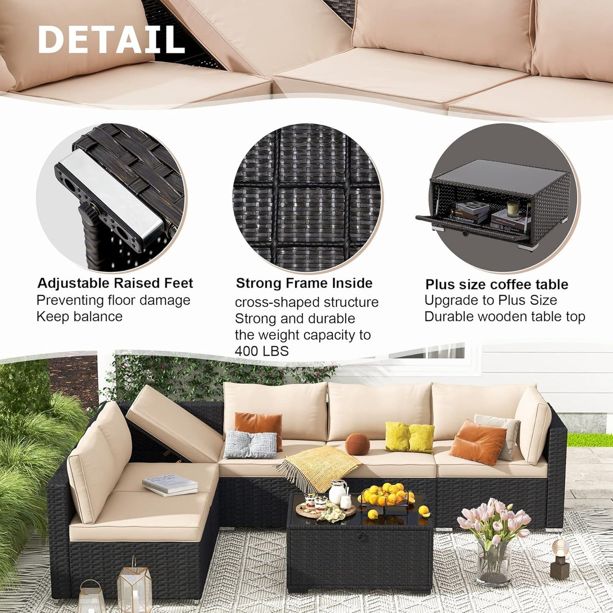 Homrest 7 Piece Outdoor Patio Furniture with Storage Table, Cushions a
