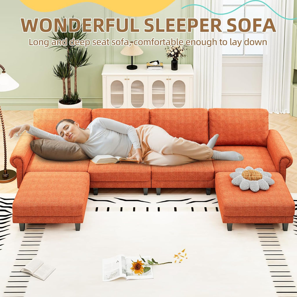 Homrest Modular Sectional Sofa with Chaise and Movable Ottoman, Orange