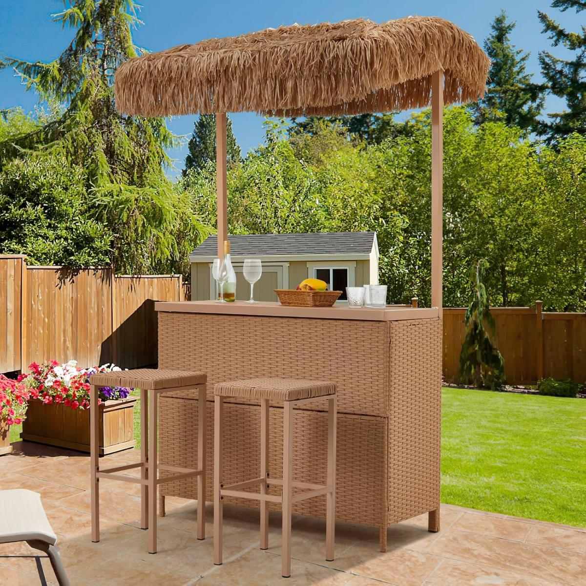 Homrest 3 Pcs Outdoor Tiki Bar Set w/2 Height Stools, Storage Shelf, C