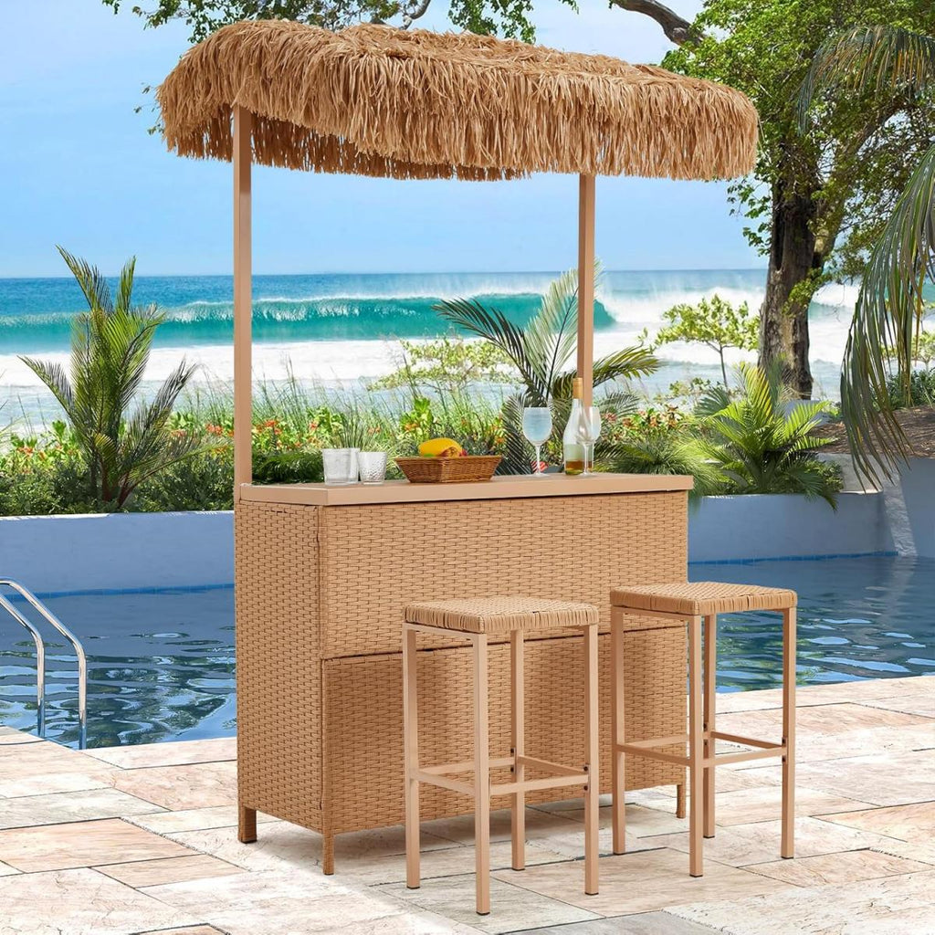Homrest 3 Pcs Outdoor Tiki Bar Set w/2 Height Stools, Storage Shelf, C