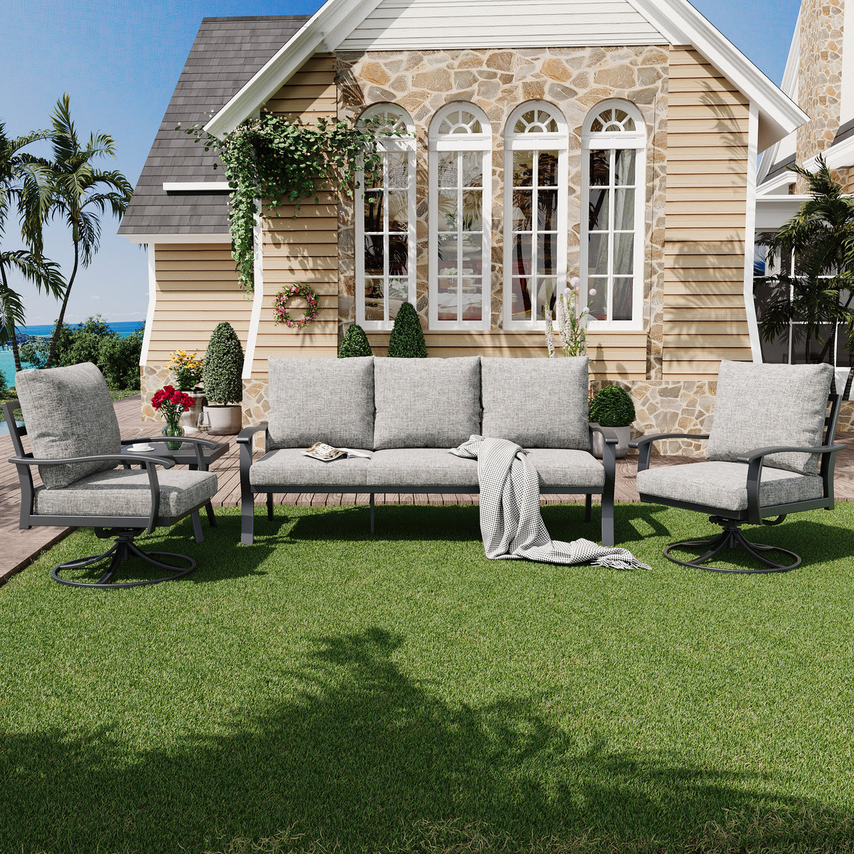 HOMREST Patio Furniture Sets 4 PCS Outdoor Metal Conversation Sets, Gr