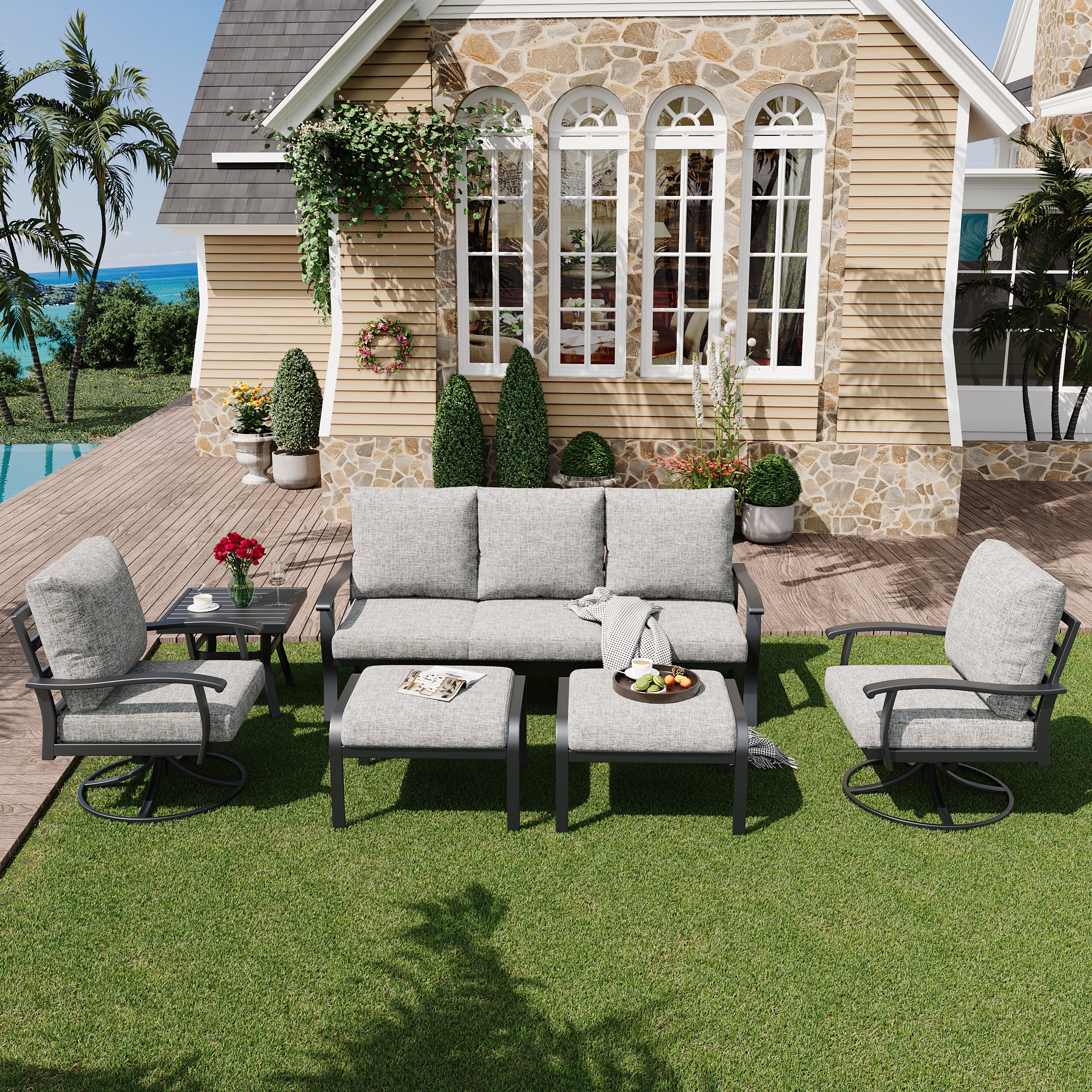 HOMREST Patio Furniture Sets 6 PCS Outdoor Metal Conversation Sets wit ...
