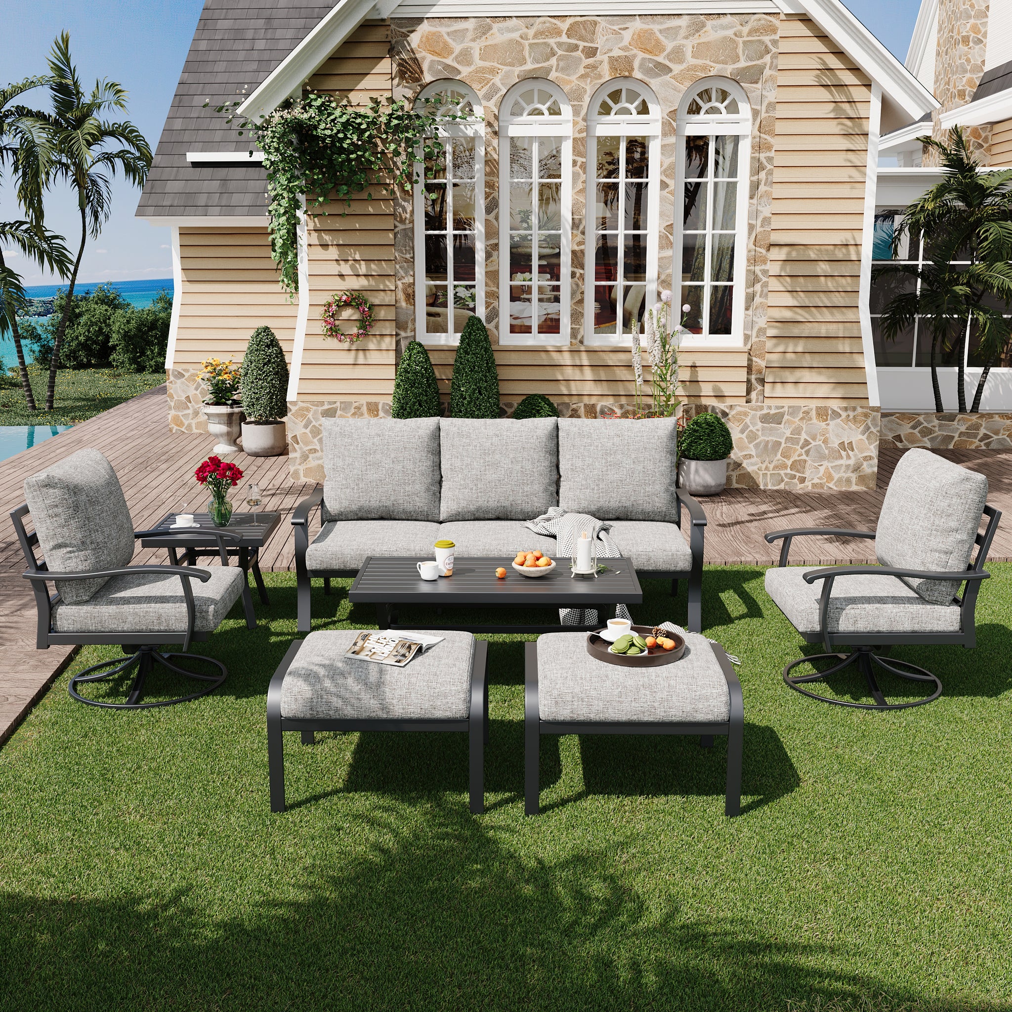 HOMREST Patio Furniture Sets 7 PCS Outdoor Metal Conversation Sets wit