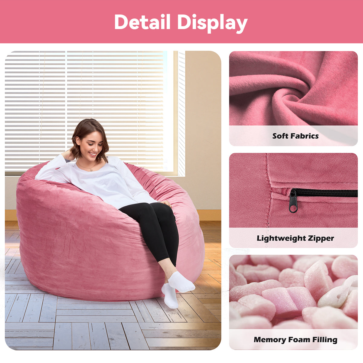 HOMREST 5ft Giant Gorilla Bean Bag Sofa Chair Bed for Adults, Pink