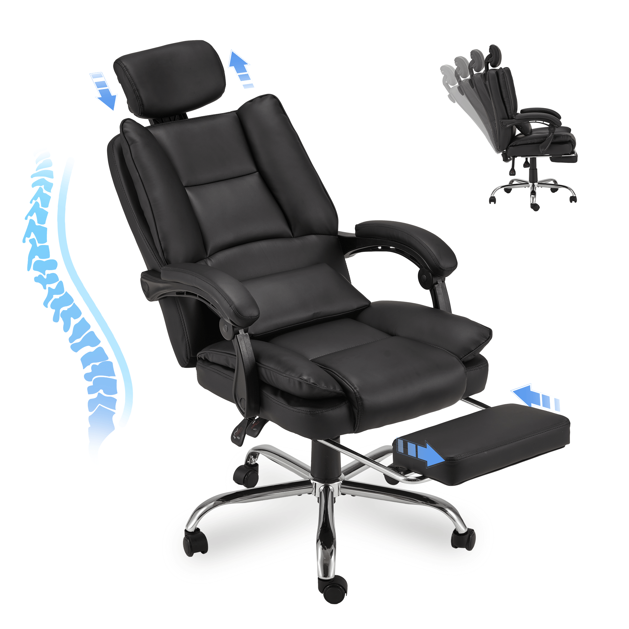 Executive Reclining Adjustable Headrest Office Chair with Footrest Bla