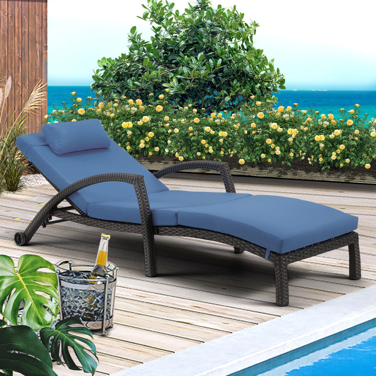 Homrest Patio Lounge Pool Chaise Outdoor Wicker Chair (Blue)
