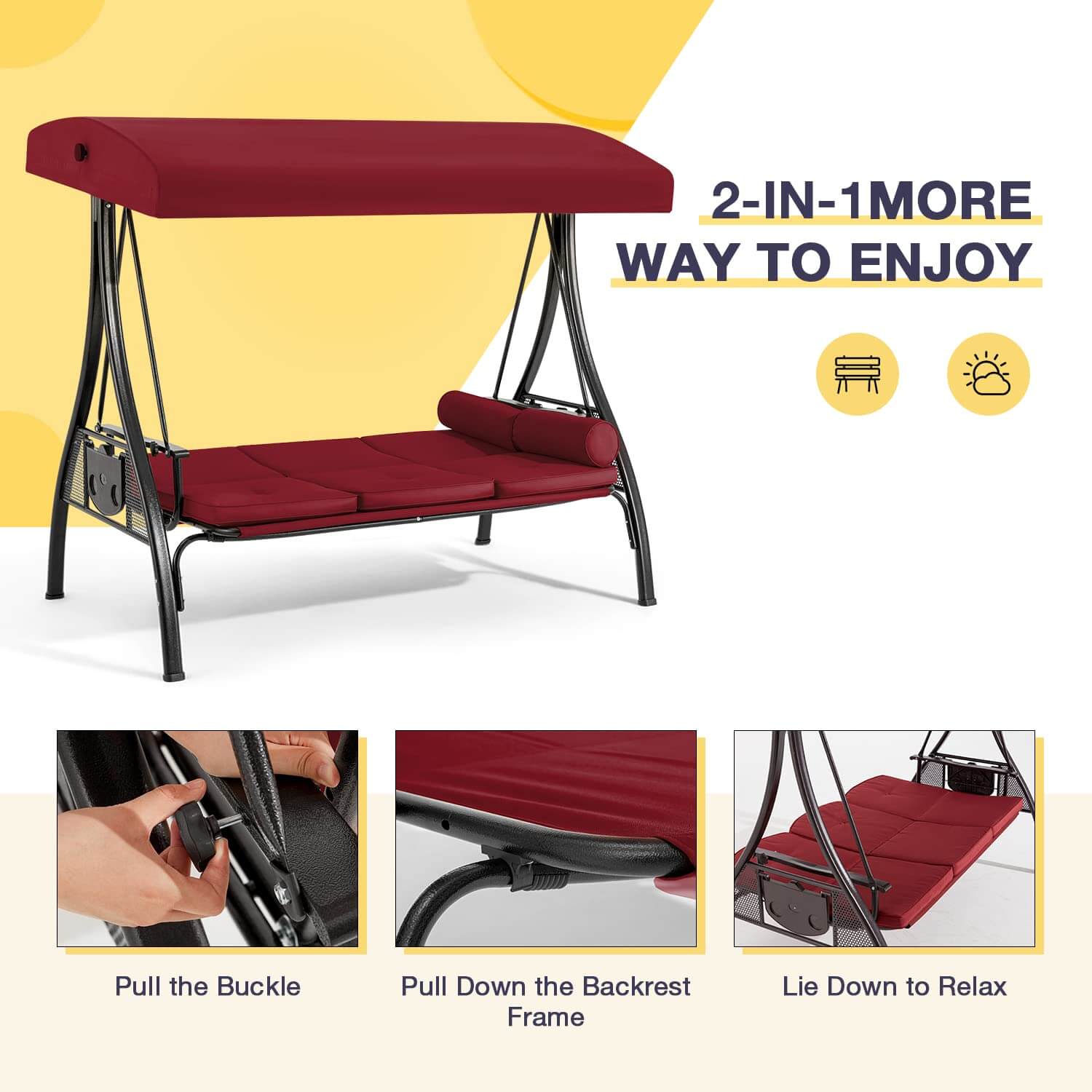 Homrest 3-Seat Outdoor Porch Swing with Canopy and Backrest