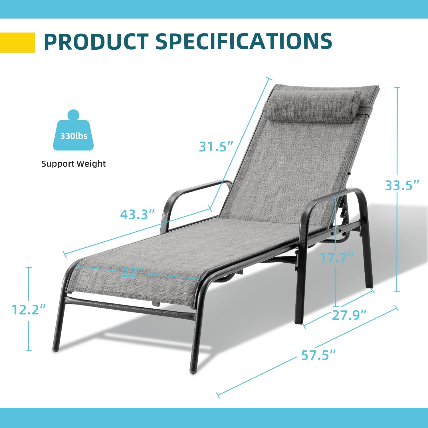 HOMREST Patio Chaise Lounges Set of 2 with Adjustable Backrest, Gray