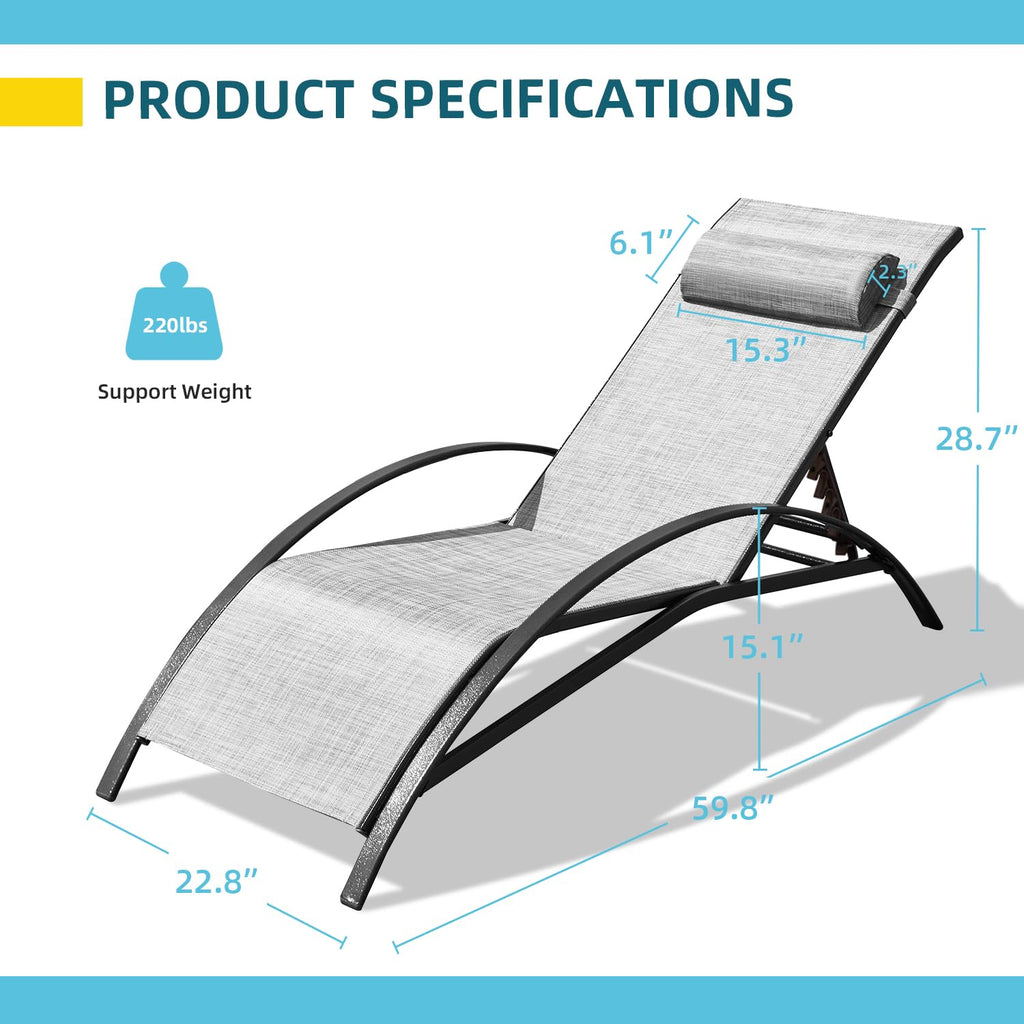 HOMREST Set of 2 Textilene Outdoor Lounge Chairs with Adjustable Backr