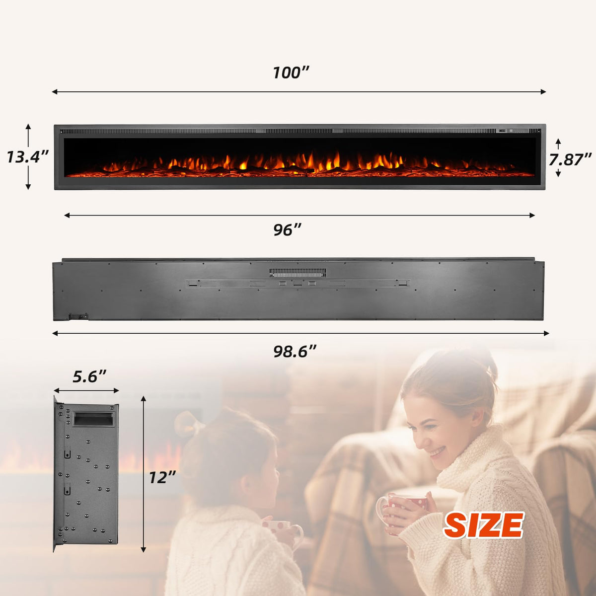 HOMREST 100 Inch Wall Mounted Electric Fireplace Inserts with Timer Re