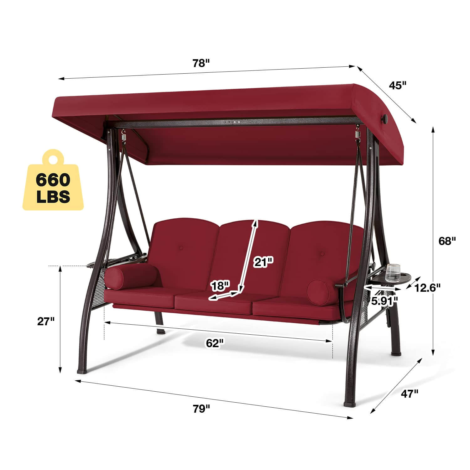 Homrest 3-Seat Outdoor Porch Swing with Canopy and Backrest