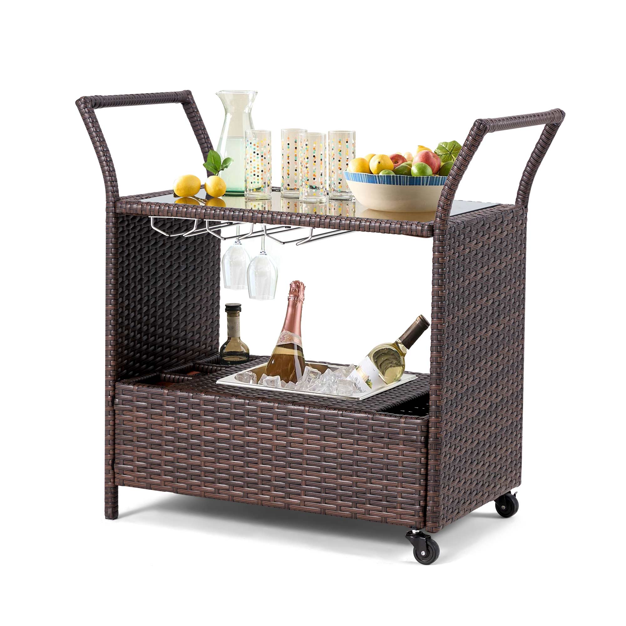 Homrest Outdoor Wicker Bar Cart with Removable Ice Bucket
